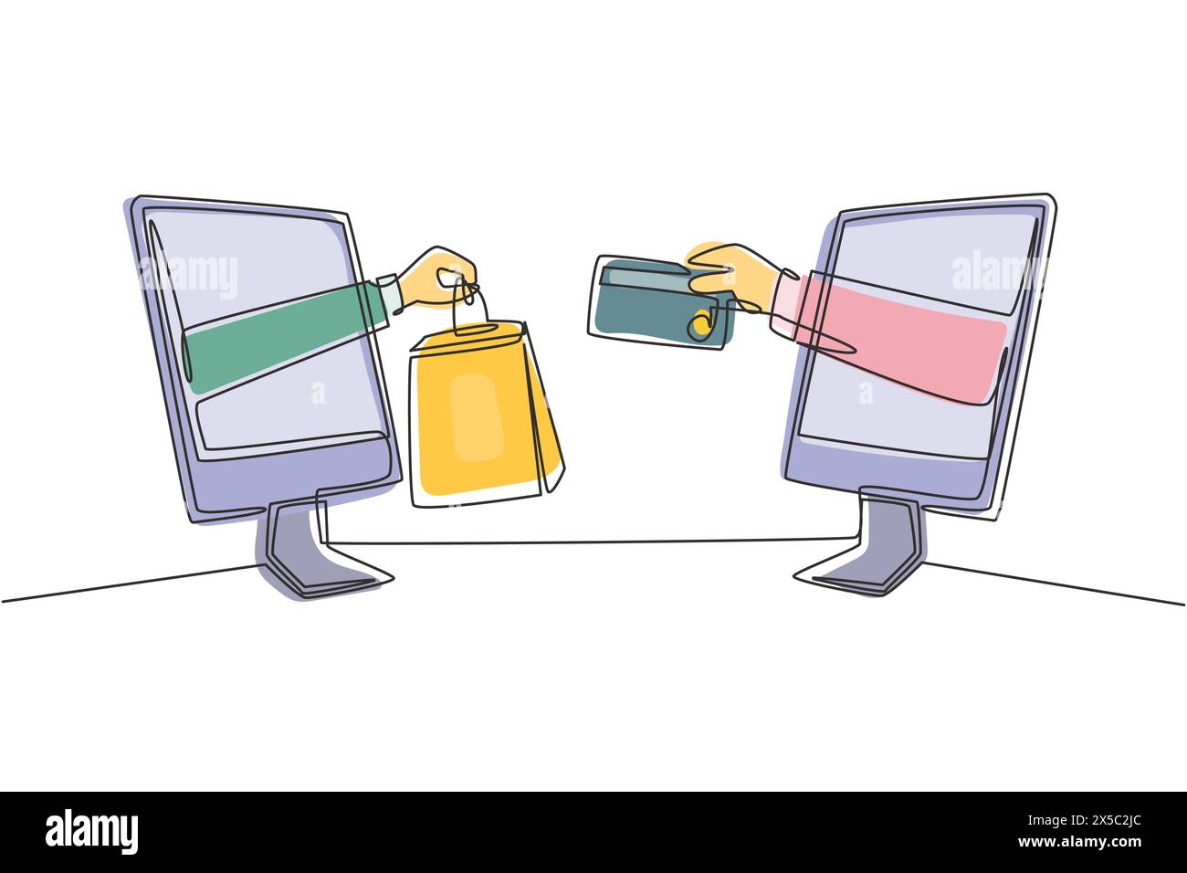 Single continuous line drawing two hands out of the monitor screen to ...