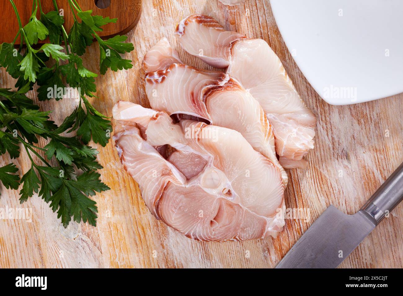 Raw blue shark fish steaks, seafood ingredients Stock Photo - Alamy
