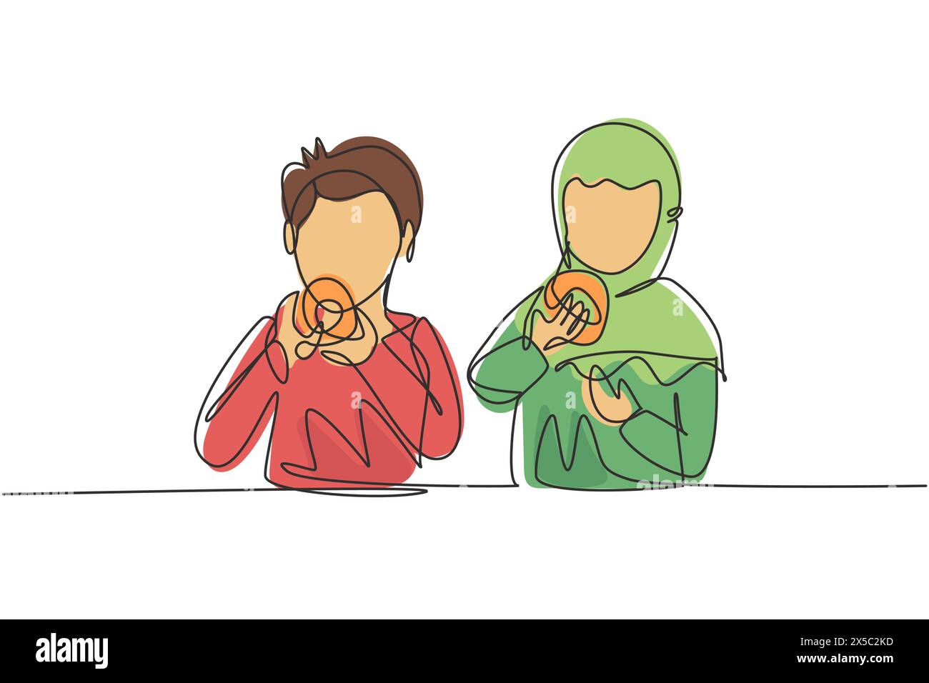 Single one line drawing two Arabian boy and girl having donuts meal ...