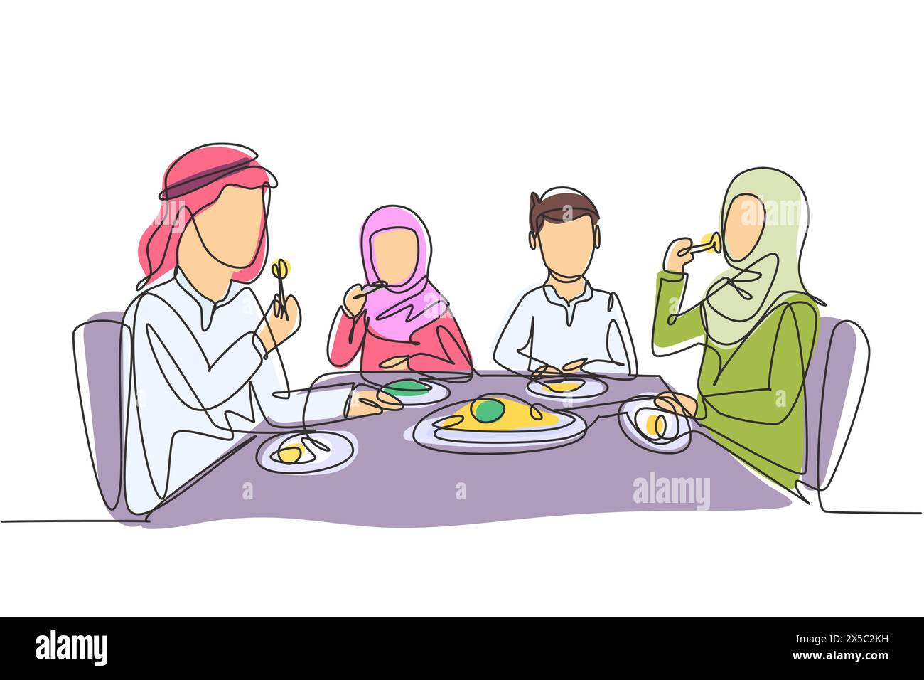 Single one line drawing diner Arabian parents and children together ...