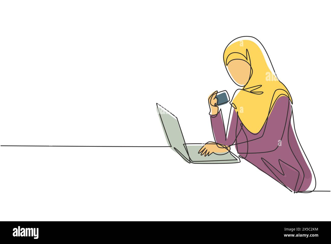 Continuous one line drawing young Arab woman typing entering credit ...