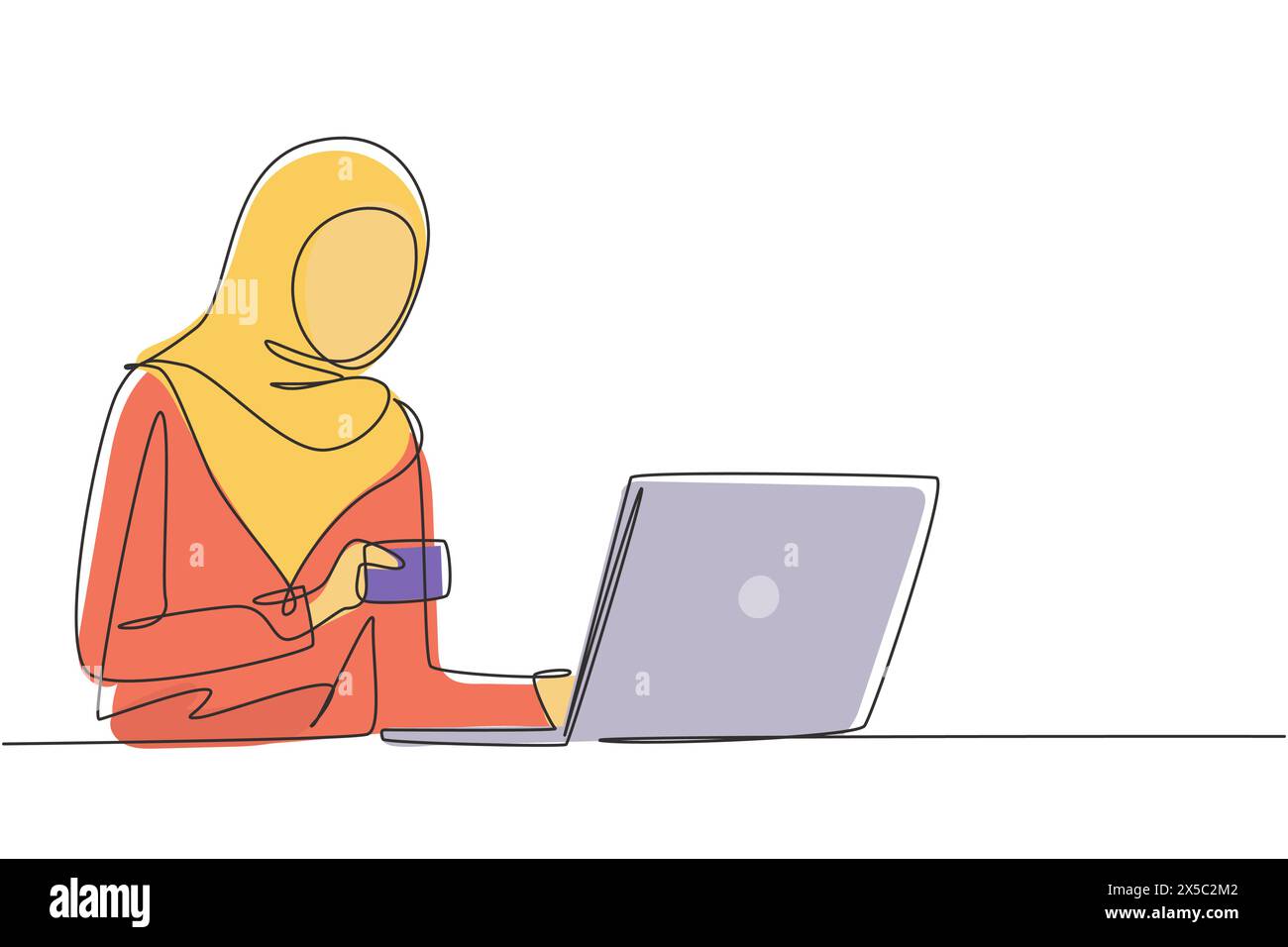 Continuous one line drawing young Arab woman typing entering credit ...