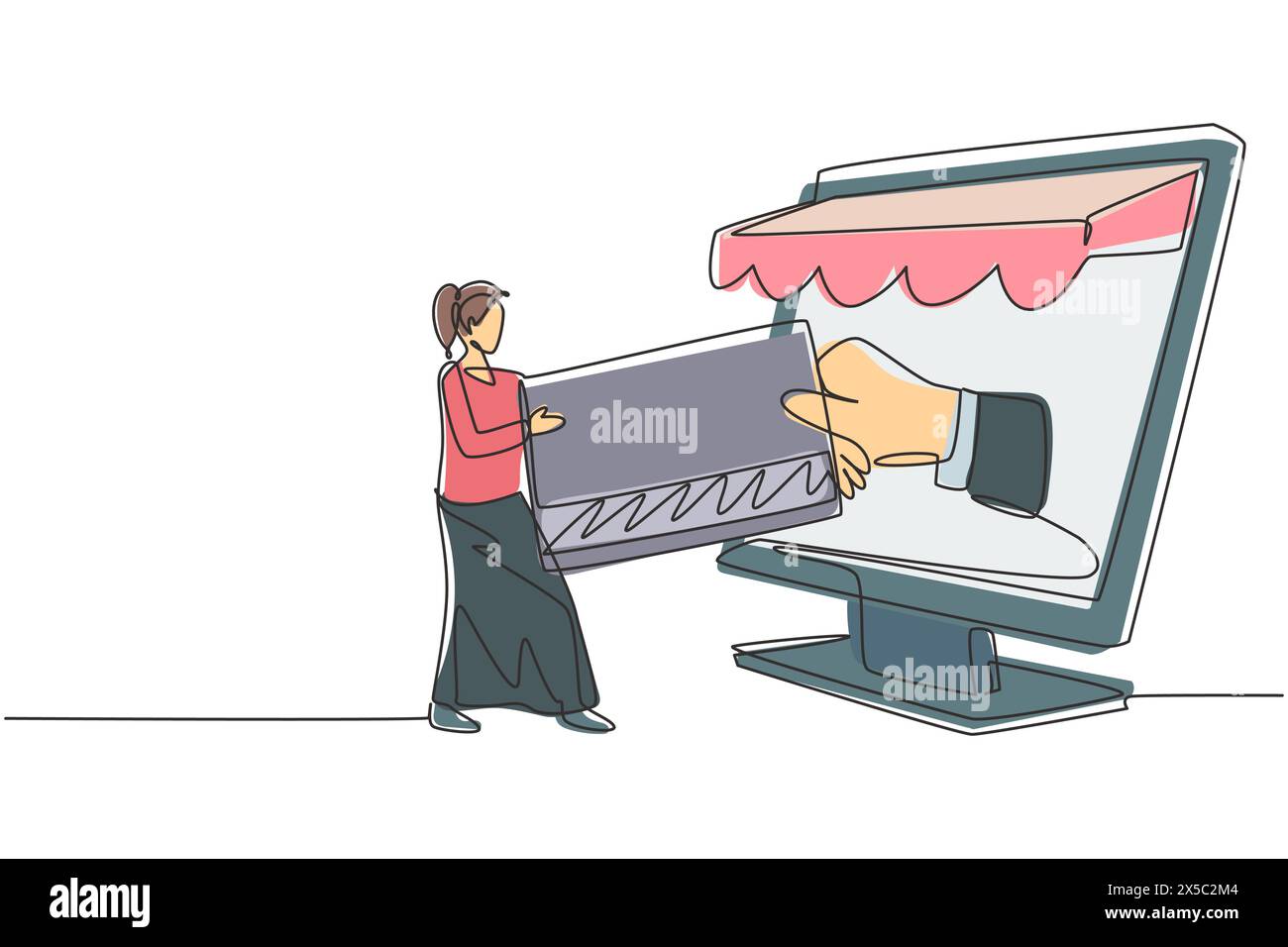 Single continuous line drawing young female inserting credit card into ...