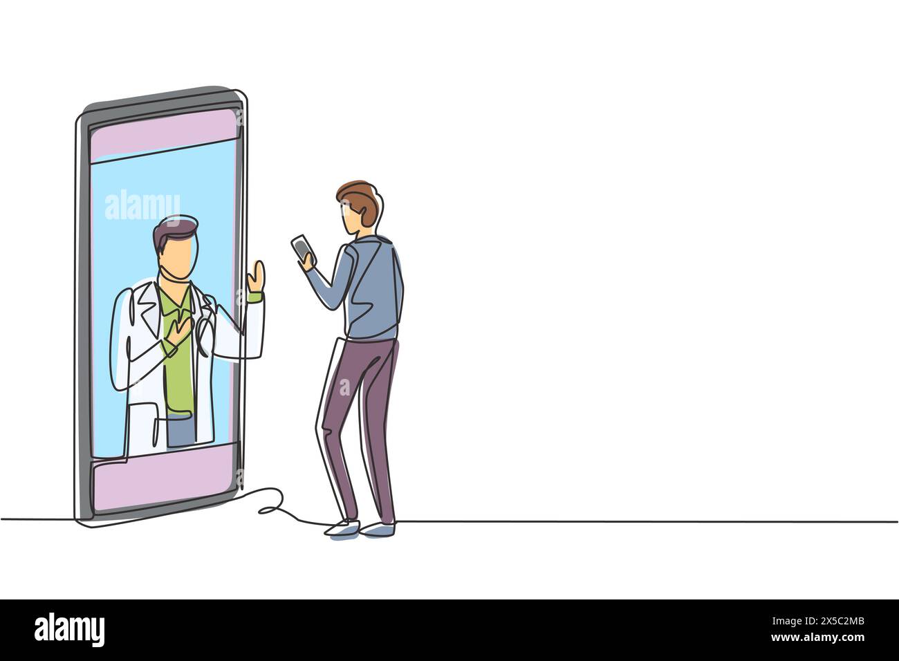 Single one line drawing male patient holding smartphone standing facing ...