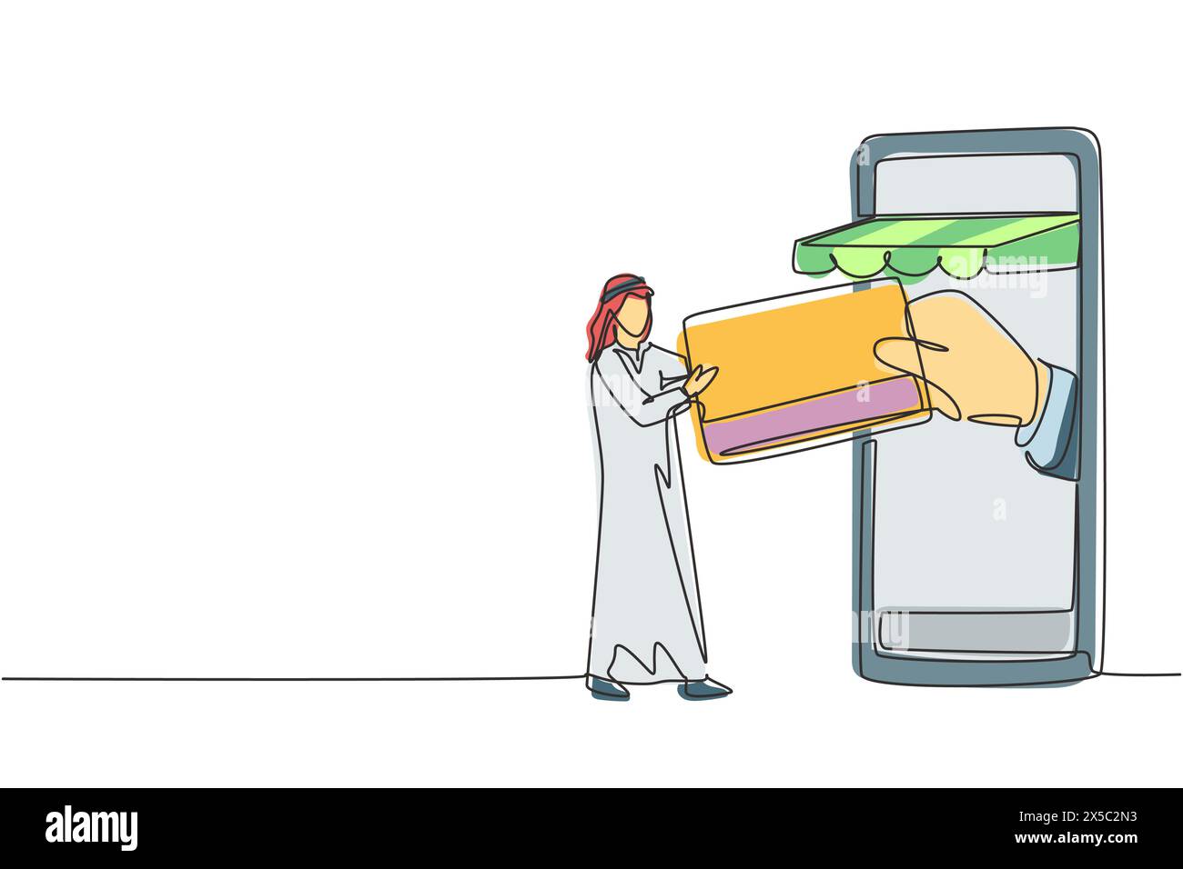 Single one line drawing young Arab man inserting credit card into ...