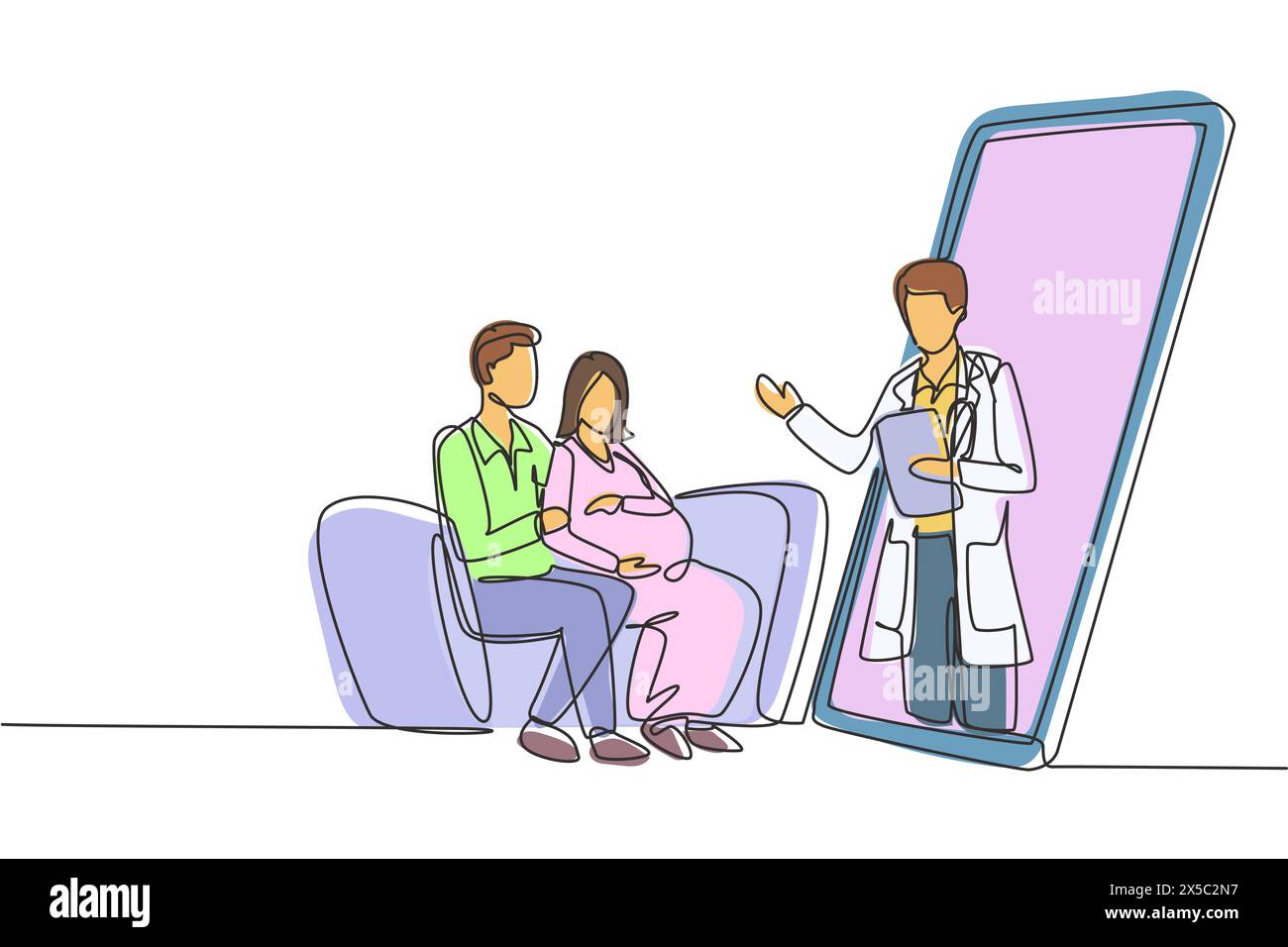 Single one line drawing male doctor comes out from smartphone screen ...