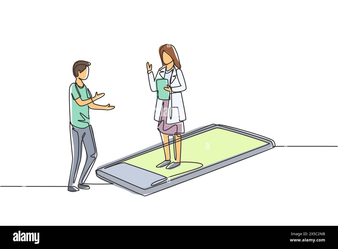 Single continuous line drawing female doctor standing on smartphone, in ...