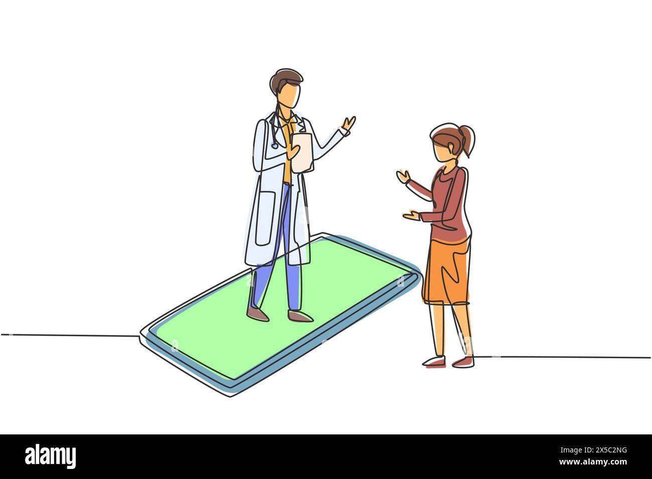 Single one line drawing male doctor standing on smartphone, in front of ...