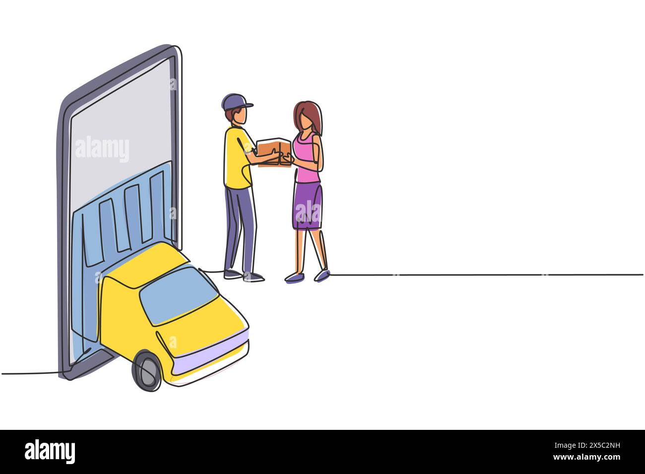 Continuous one line drawing delivery box car comes out partly from ...