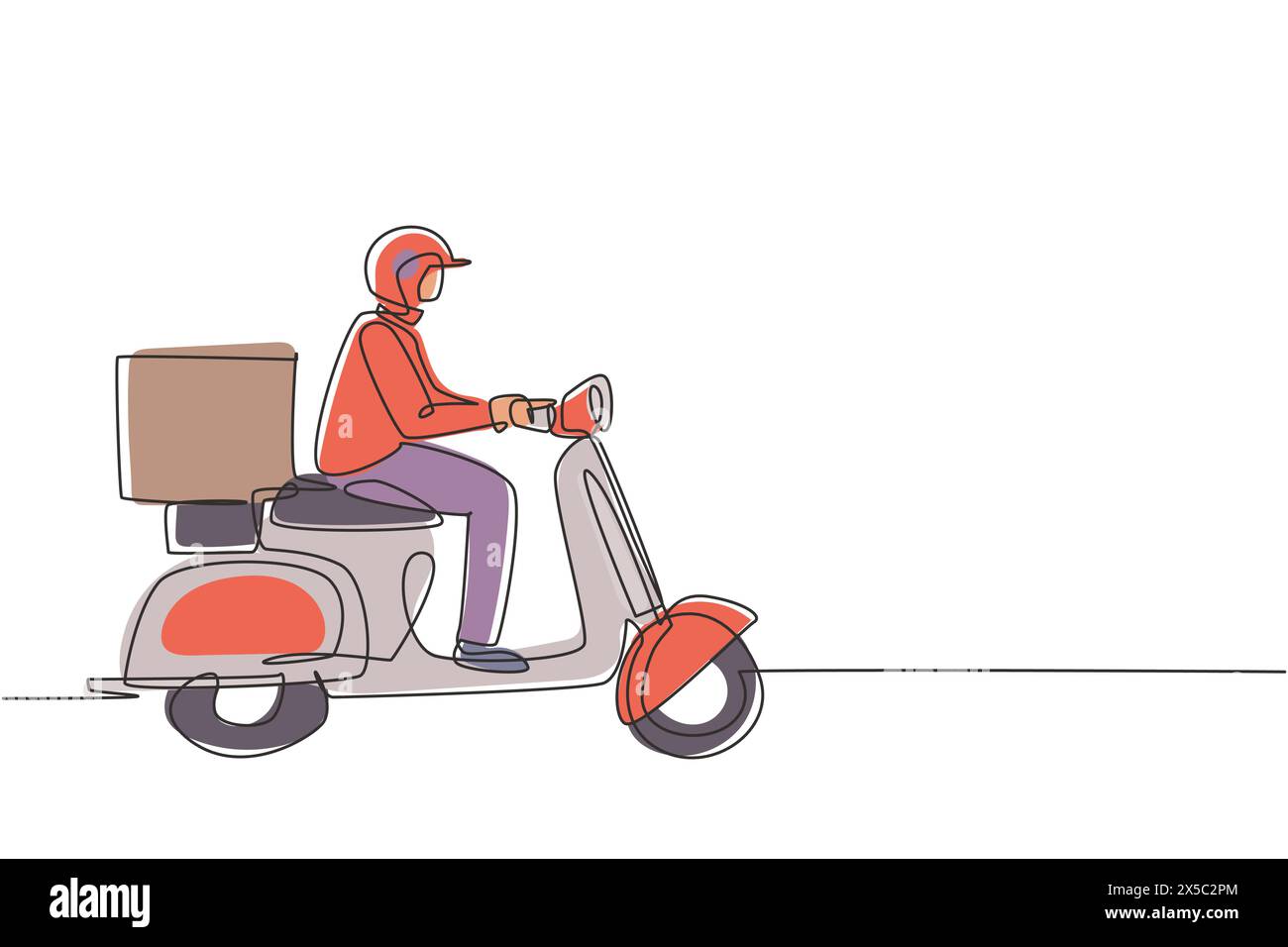 Single continuous line drawing courier riding scooter with box package ...