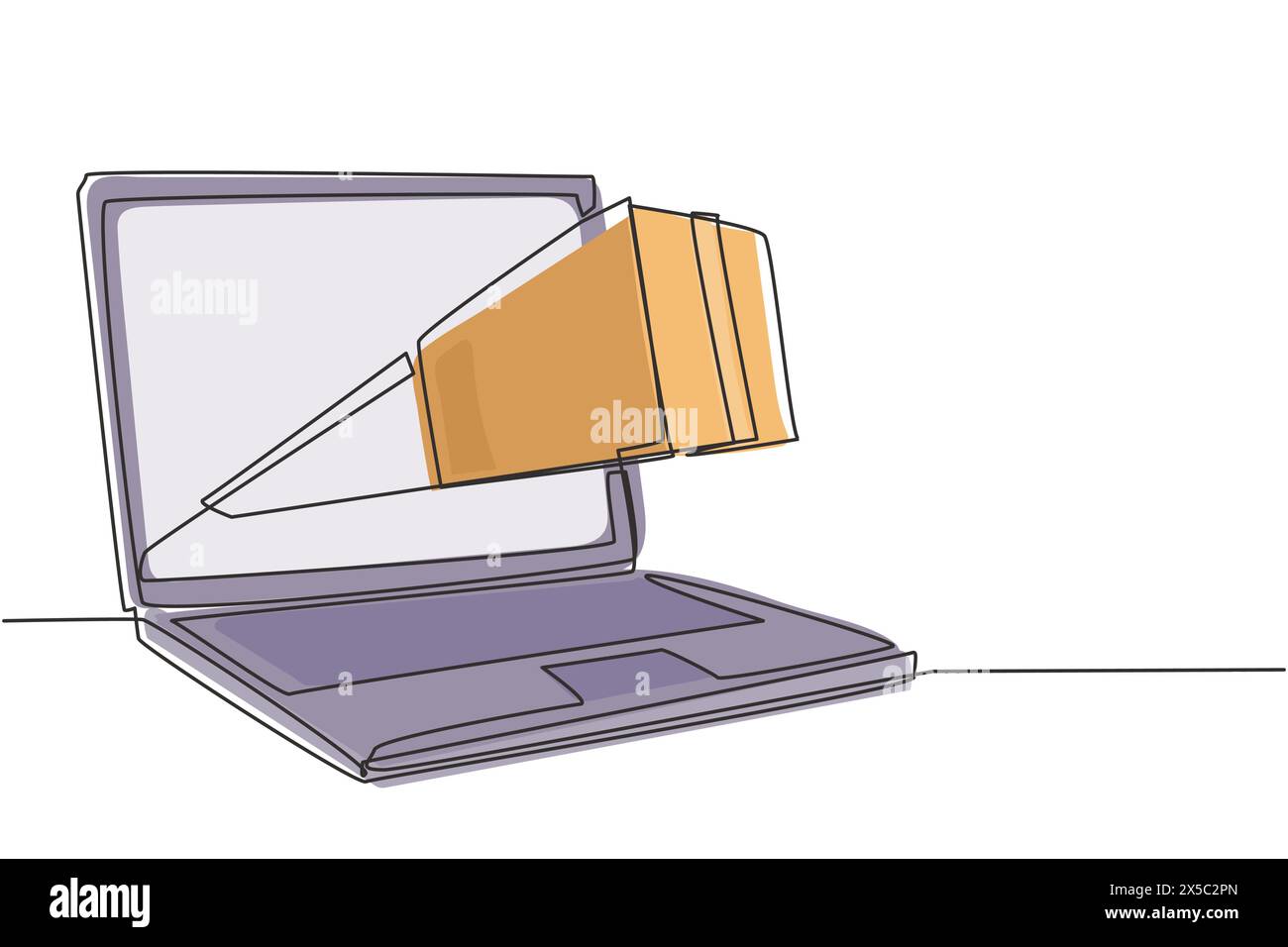 Continuous one line drawing package box out of large laptop screen ...