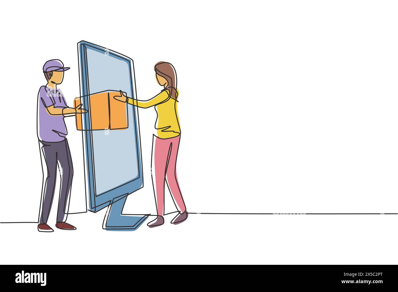 Single continuous line drawing male courier delivers box package ...