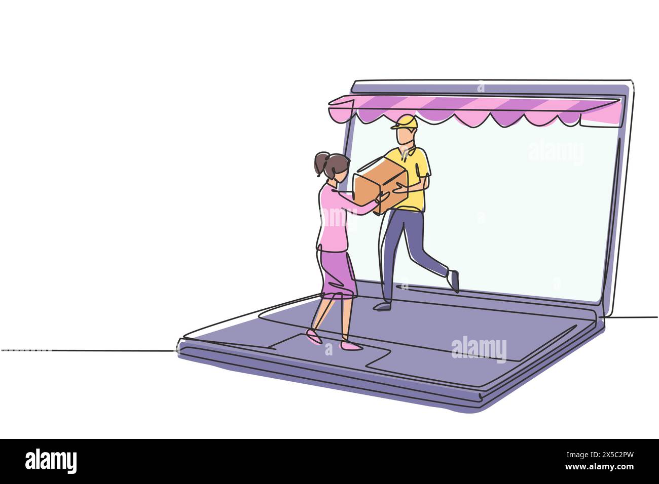 Single one line drawing male courier comes out of canopy laptop screen ...