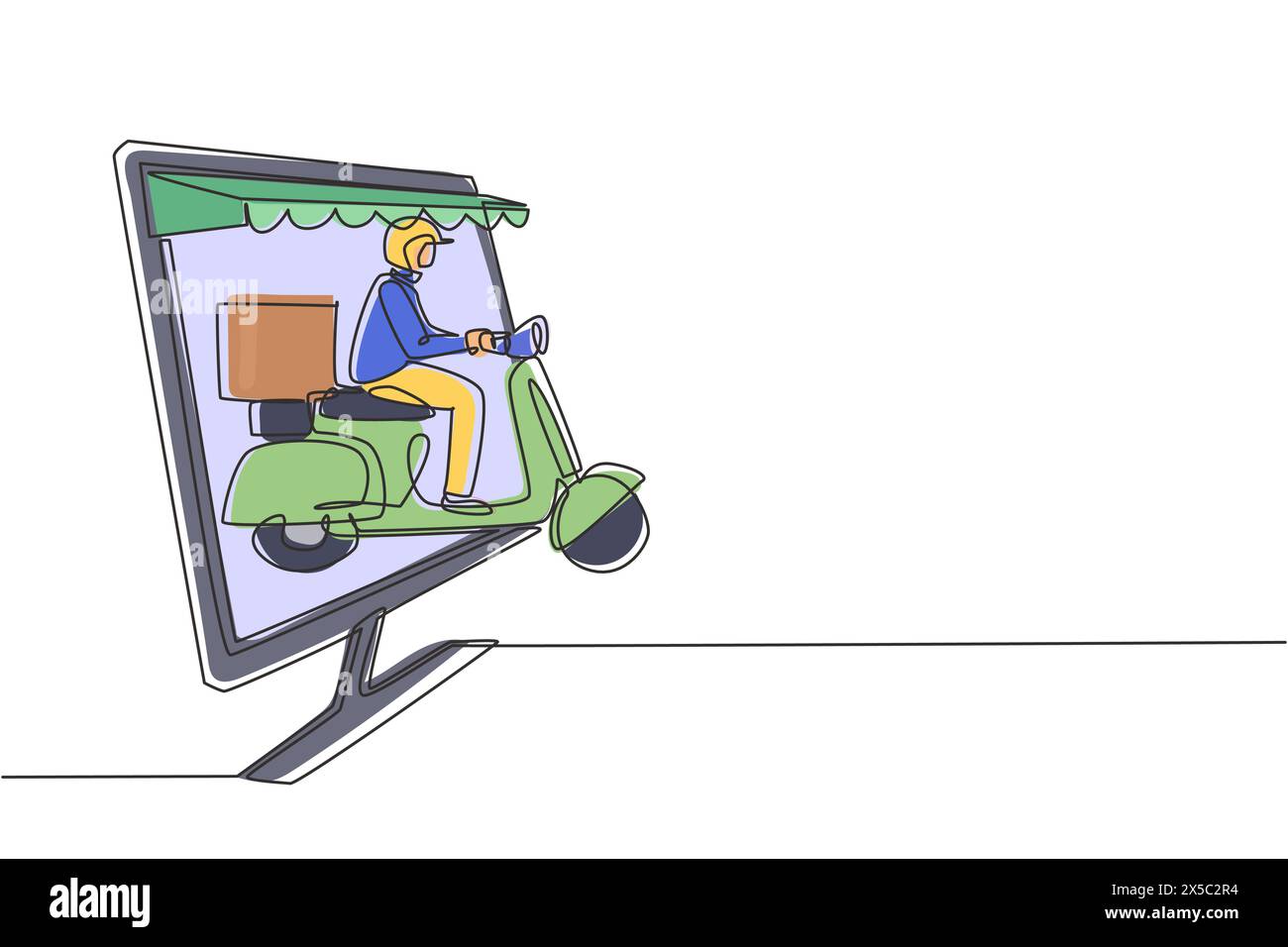 Single one line drawing courier riding scooter carrying package box out ...