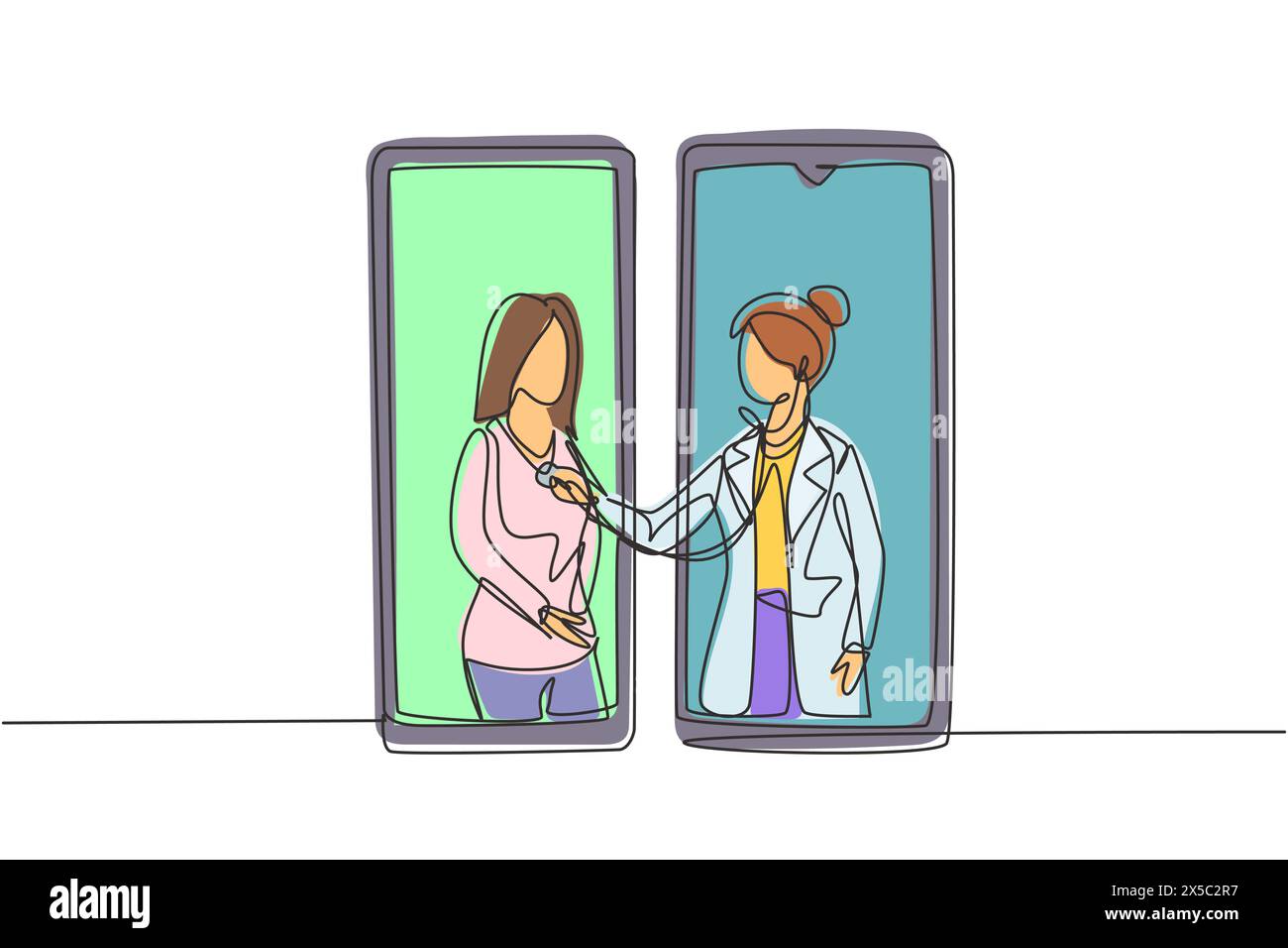 Single continuous line drawing two smartphones facing each other with ...