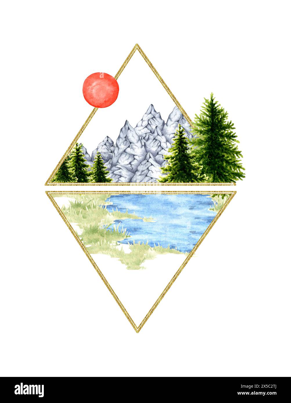Natural landscape diamond frame watercolor illustration. Forest ...
