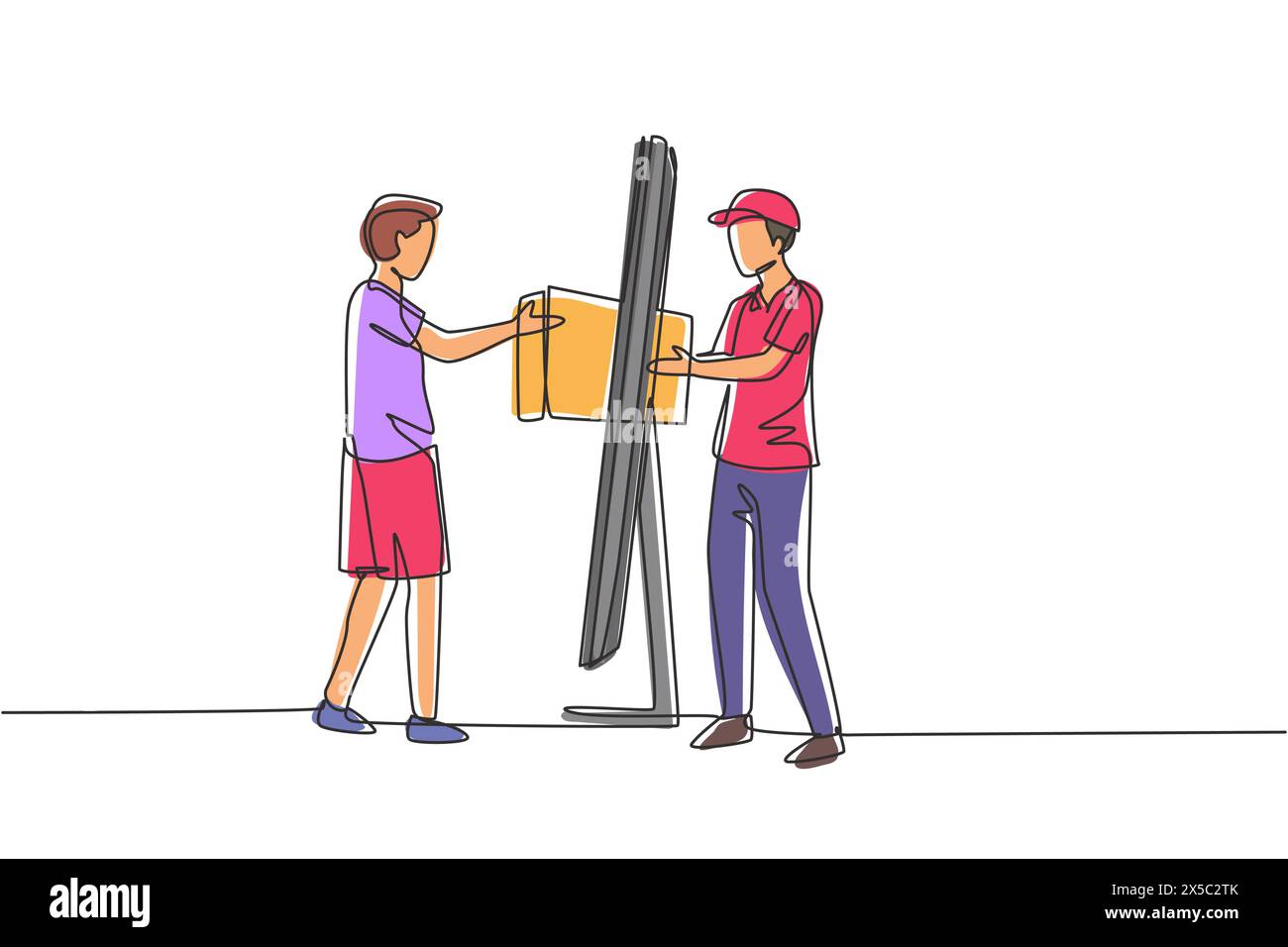 Single one line drawing male courier delivers box package, through ...