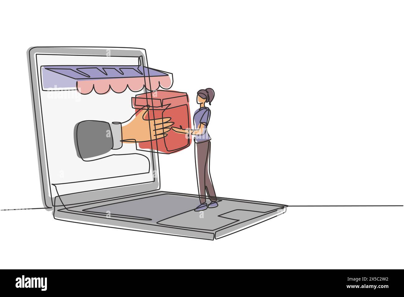 Single one line drawing young woman receives package box from large ...