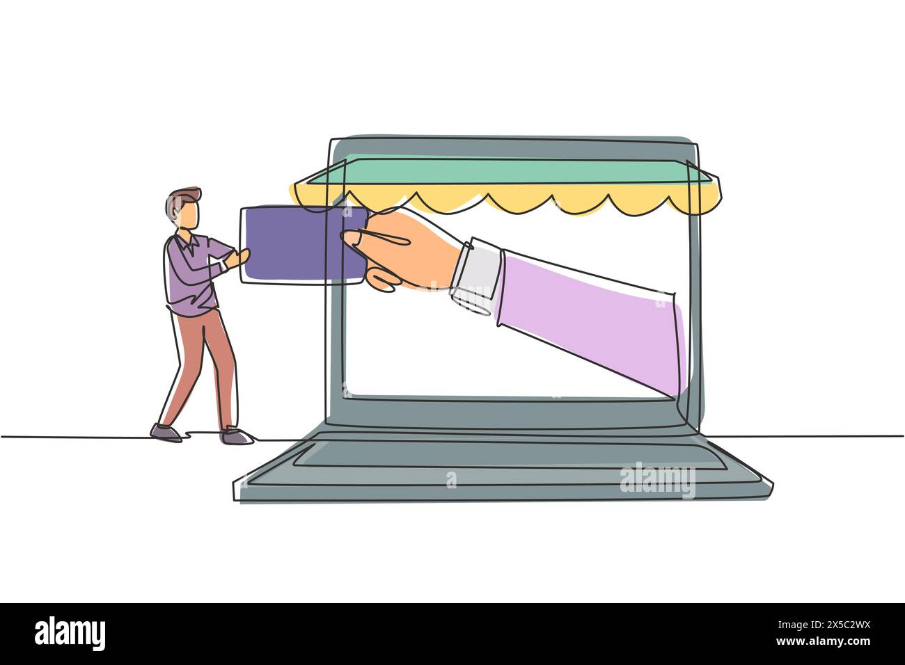 Single continuous line drawing young man inserting credit card into ...