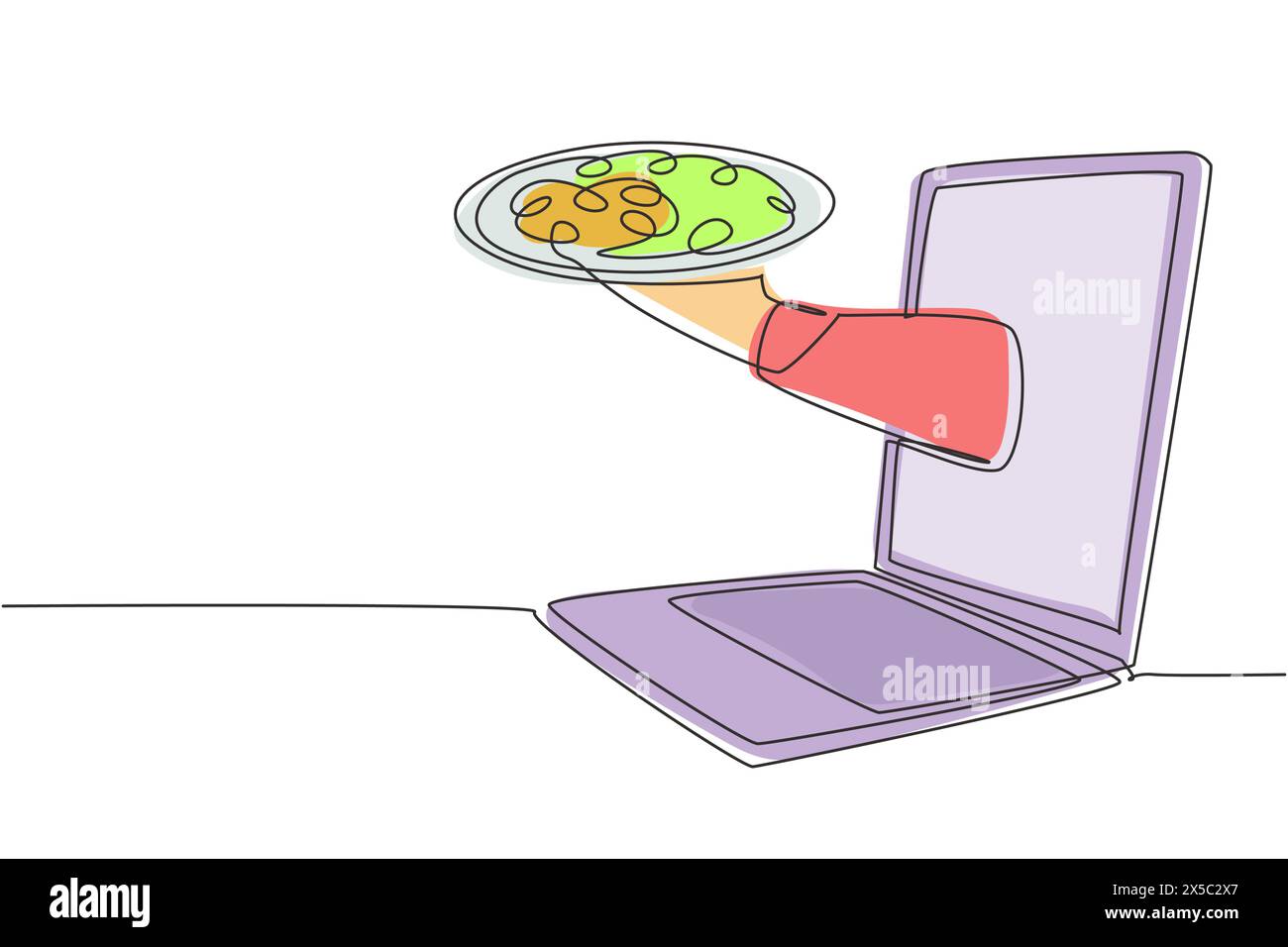 Continuous one line drawing Hands out of laptop screen with tray open ...