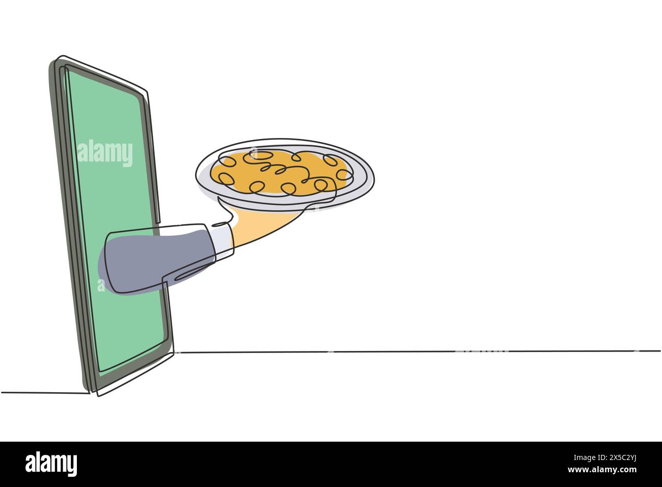 Single one line drawing Hands out of smartphone screen with tray open to serve pizza. Order food ...