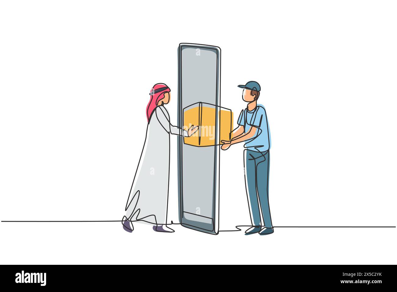 Single continuous line drawing male courier delivers box package ...