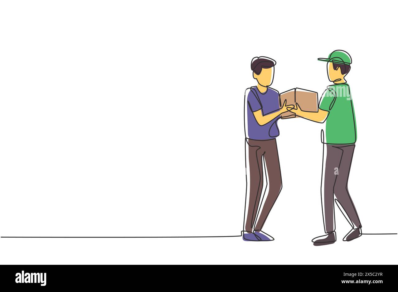 Single continuous line drawing courier gives package box to male ...