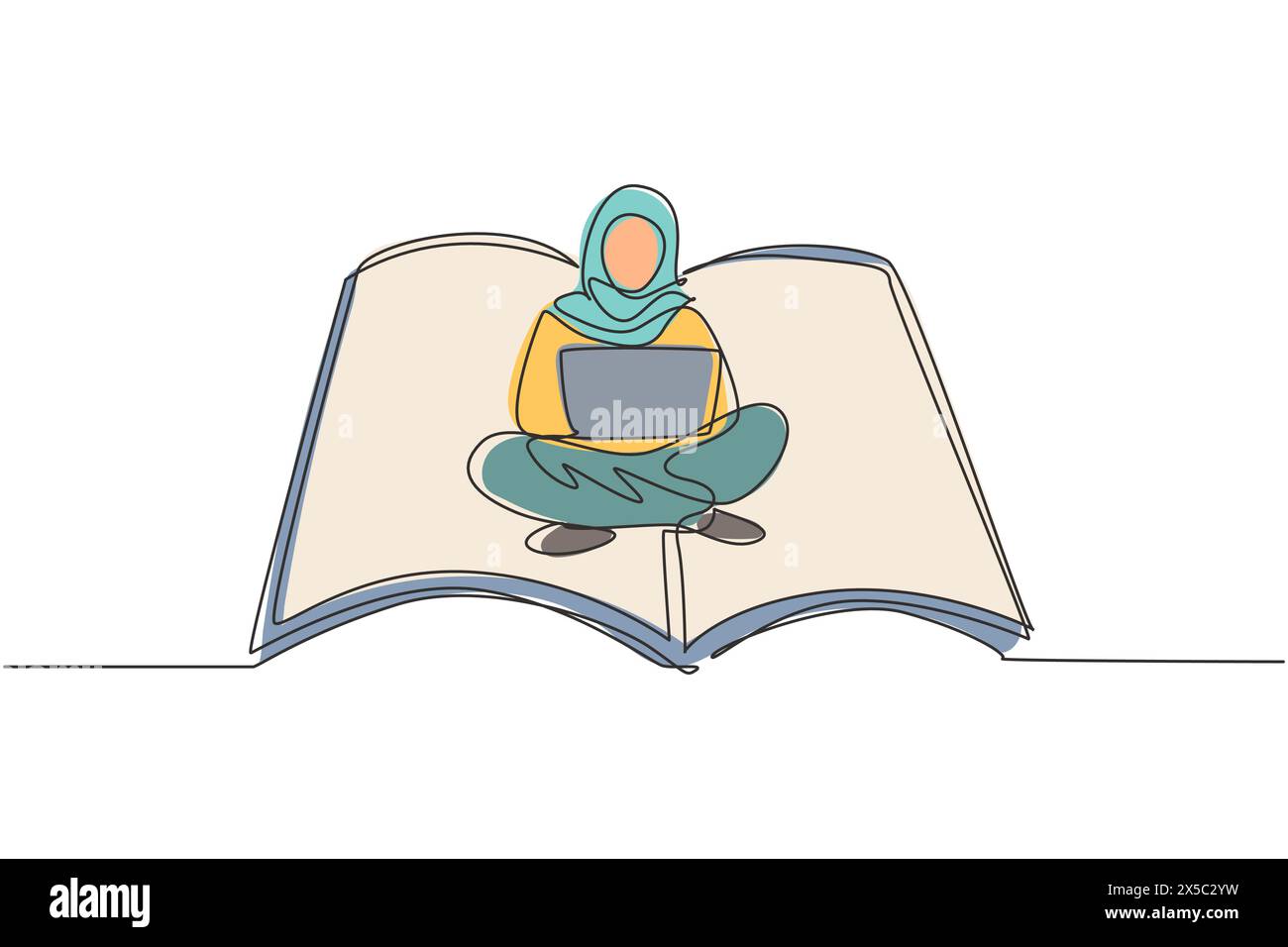 Single continuous line drawing Arabian female with laptop sitting on ...