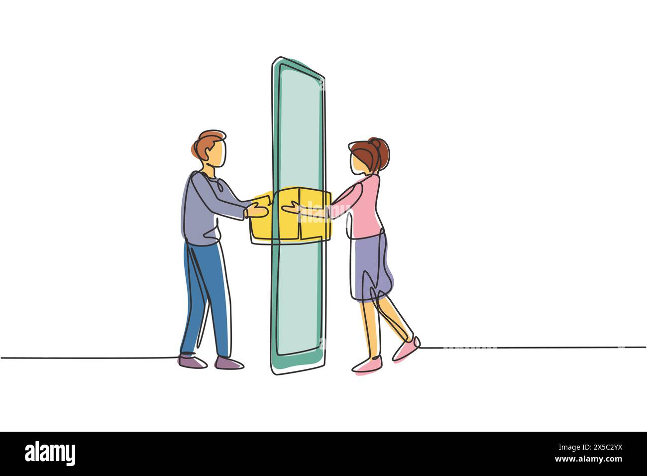 Single continuous line drawing courier delivers box package, through ...