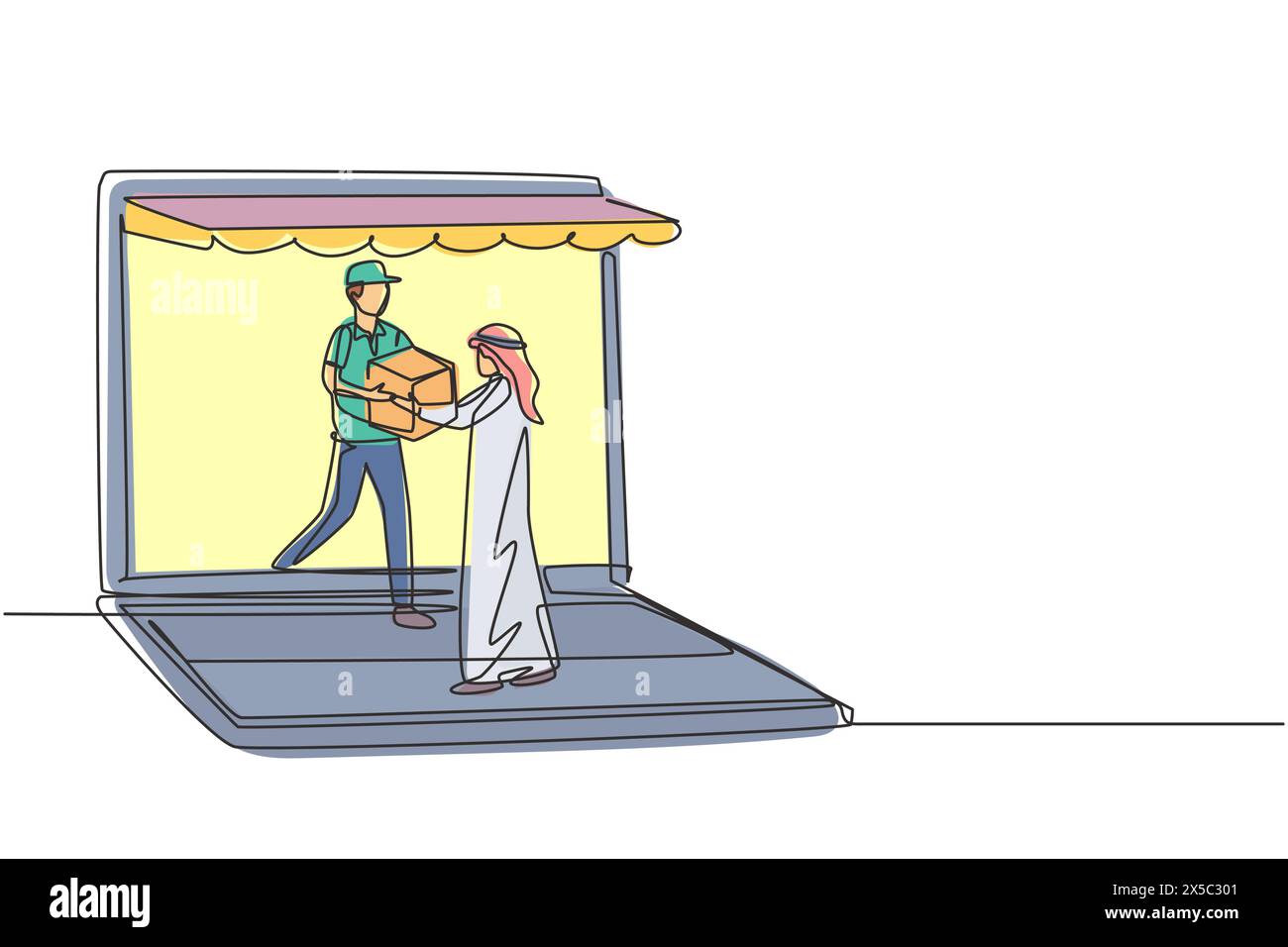 Single one line drawing courier comes out of giant laptop screen with ...