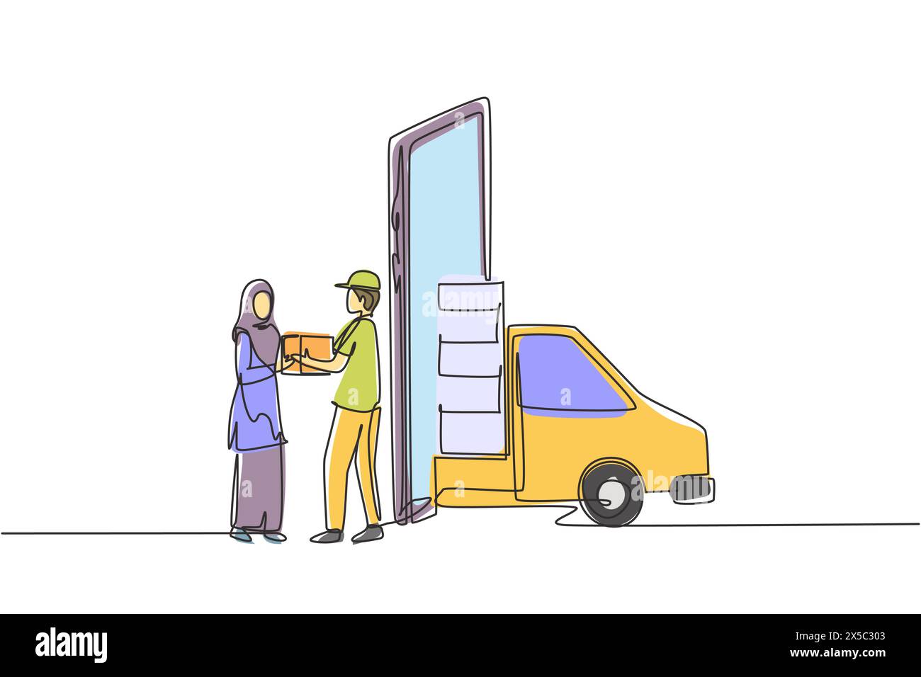 Continuous one line drawing delivery box car comes out partly from ...