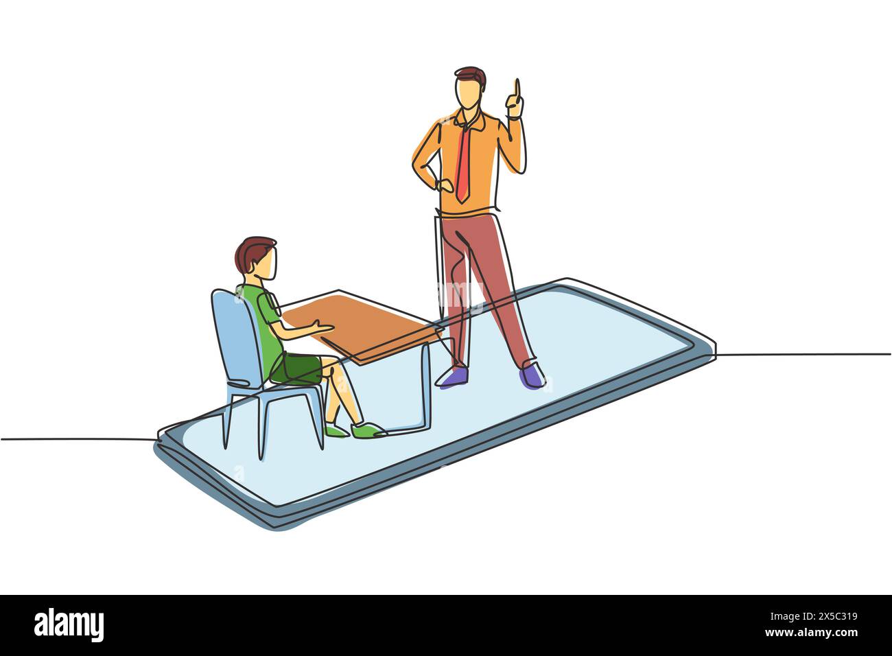 Continuous one line drawing male teacher teaching male junior high ...