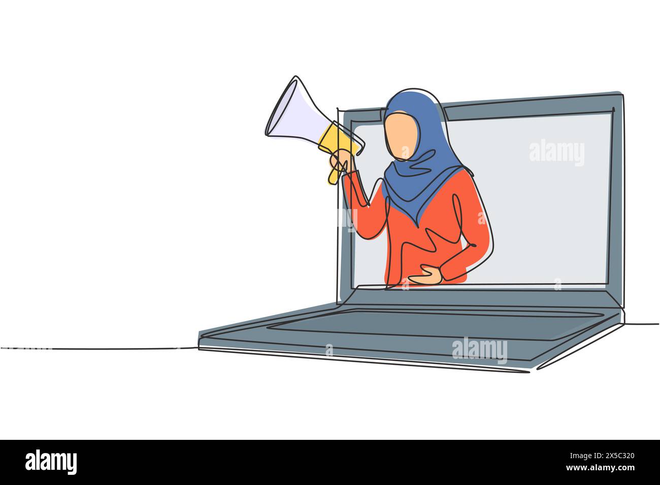 Single continuous line drawing young Arab woman coming out of laptop ...