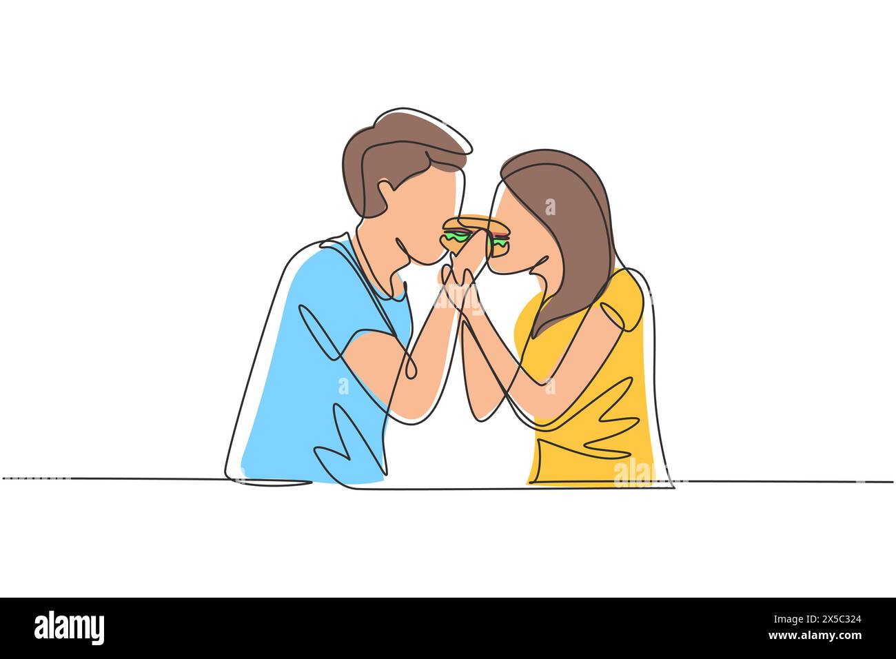 Single one line drawing young beautiful couple sharing hamburger ...