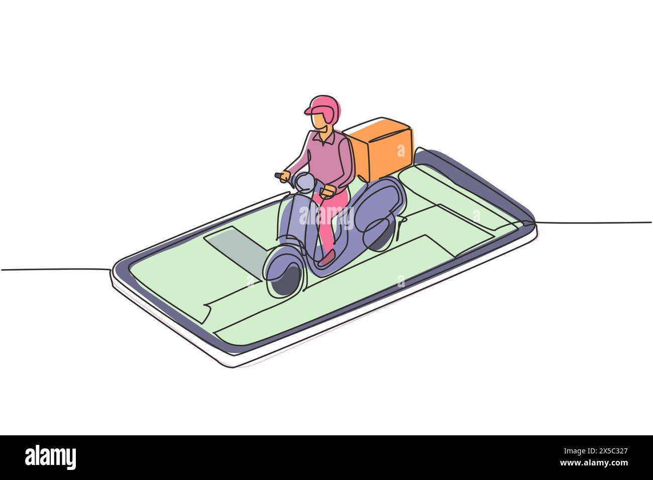 Single one line drawing courier deliver packages using scooter and ride ...