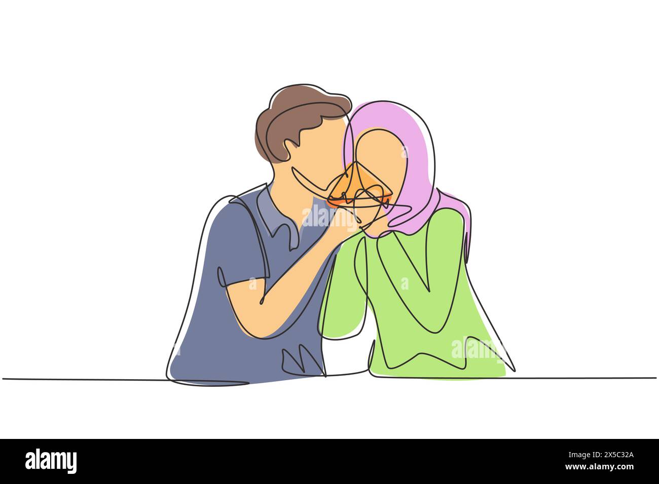 Single one line drawing young Arabian couple sharing pizza cut ...