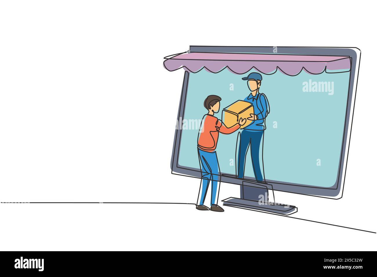 Continuous one line drawing male courier comes out of canopy monitor ...