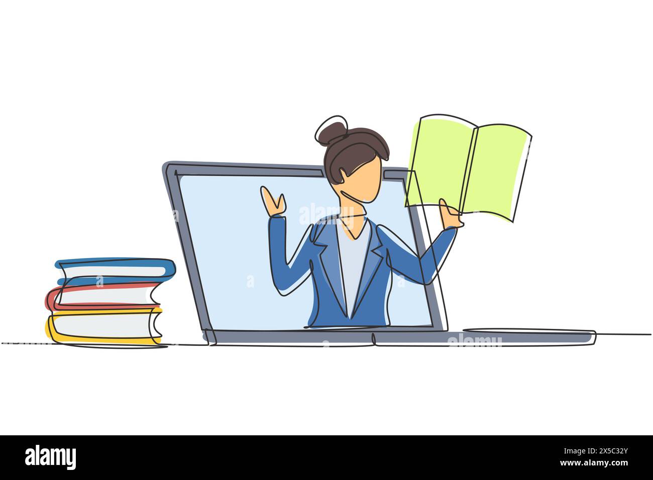 Continuous one line drawing female teacher is teaching, half of her ...