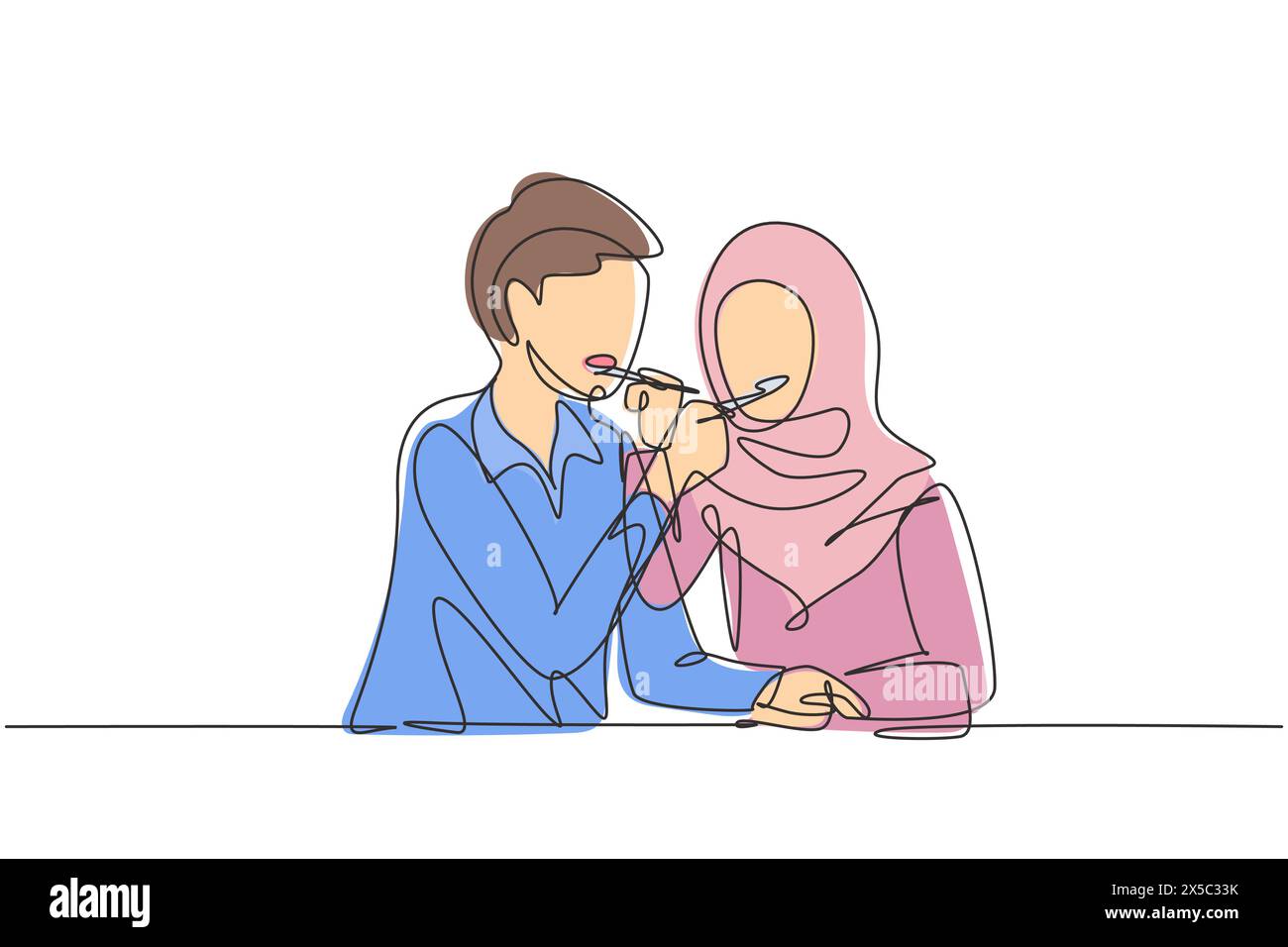 Single Continuous Line Drawing Romantic Arabian Couple Feeding Each