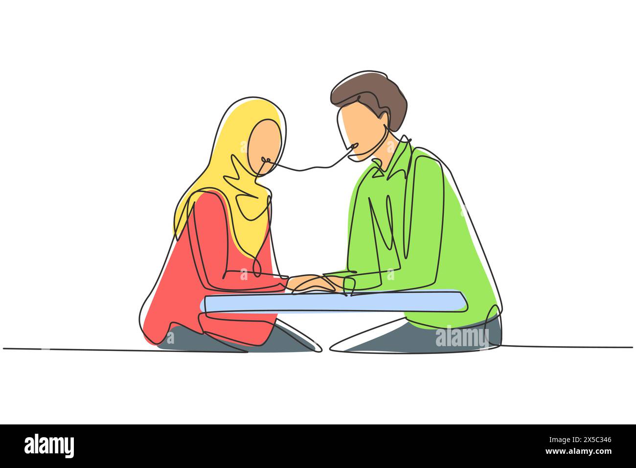 Continuous one line drawing young Arabian couple eating spaghetti ...