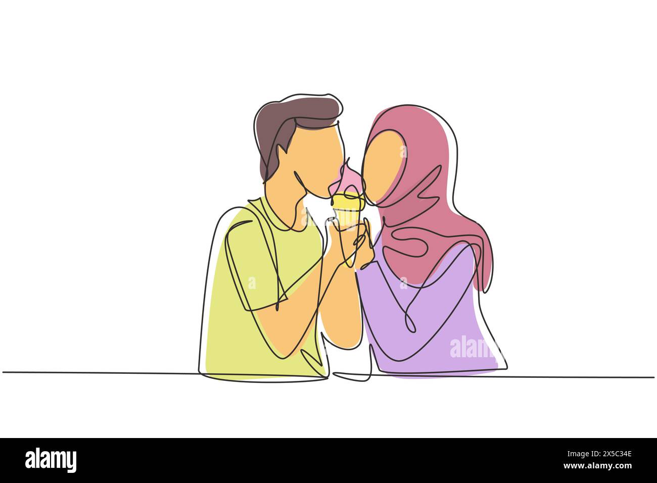 Single one line drawing young Arabian couple sharing ice cream cone ...