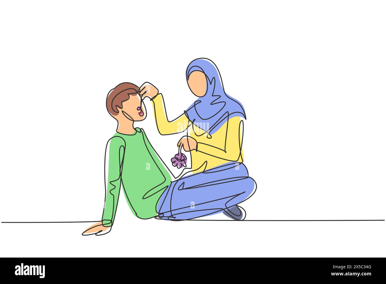 Single One Line Drawing Romantic Arabian Couple Having Picnic In Park