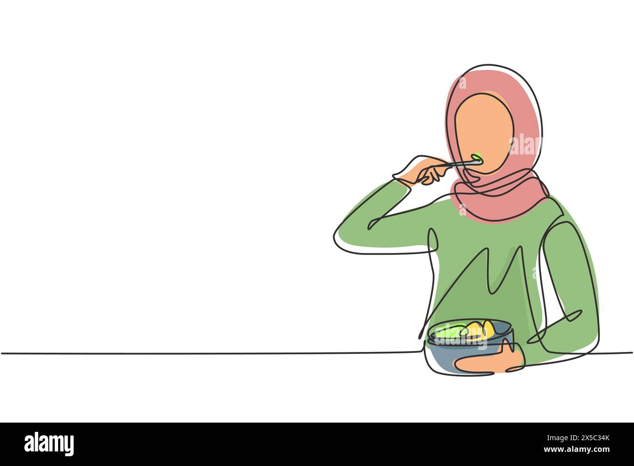 Single continuous line drawing young girl having salad meal with spoon ...