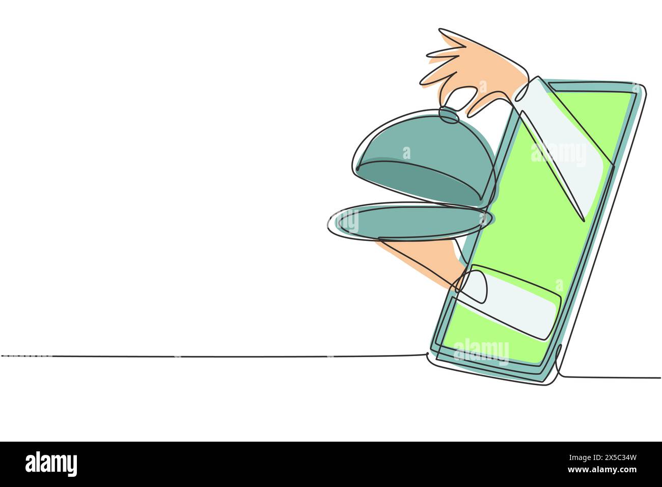 Single continuous line drawing Hands out of smartphone screen with tray ...