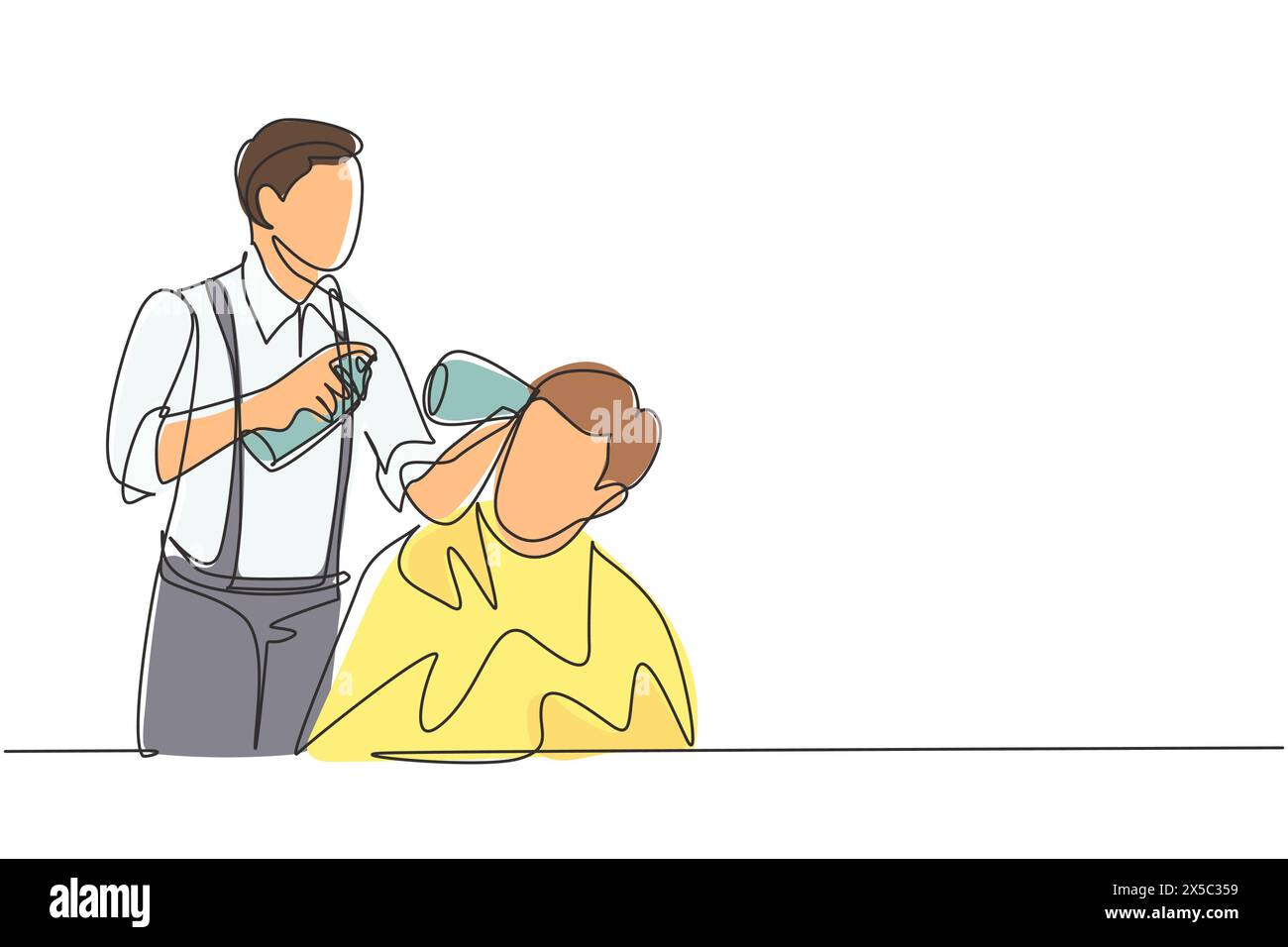 Single continuous line drawing barber makes hair styling with hair ...