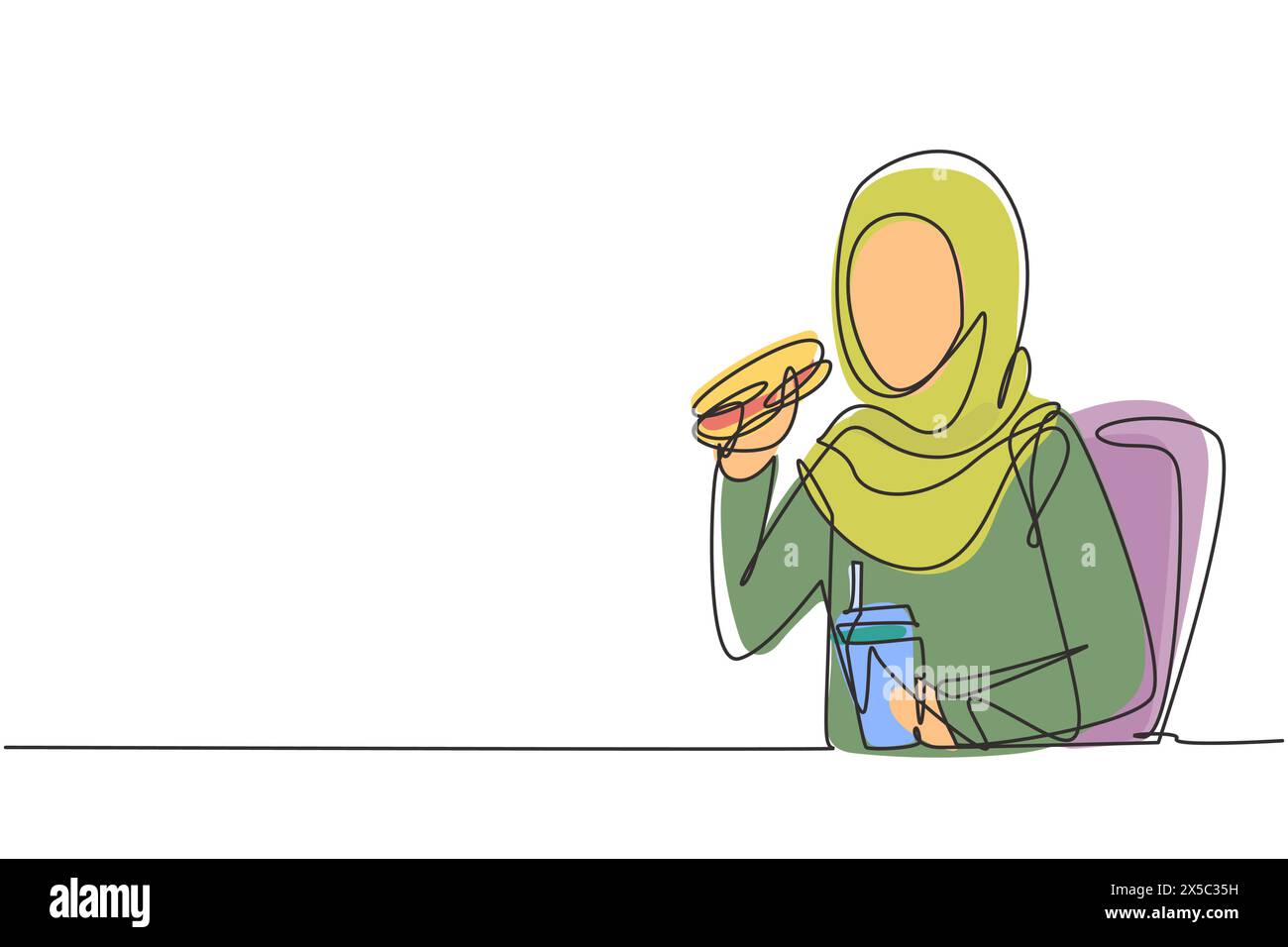 Single continuous line drawing young Arabian woman having hamburger ...