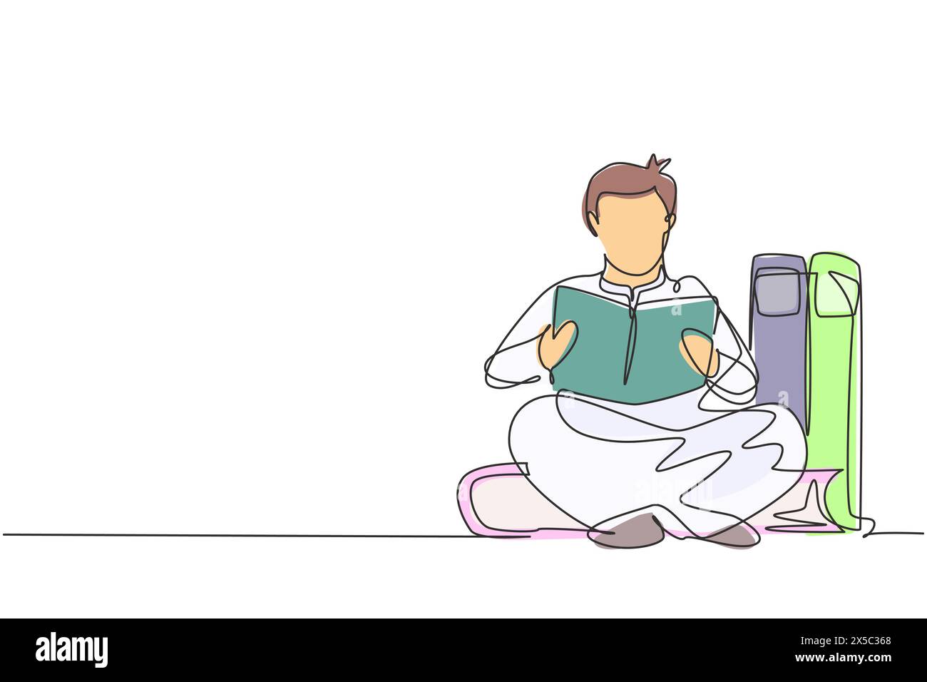 Single one line drawing young Arabian male reading, learning and ...