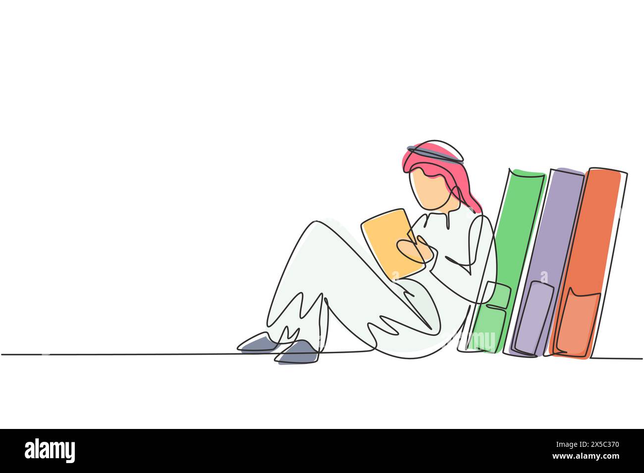 Single continuous line drawing young Arabian male reading, learning and ...