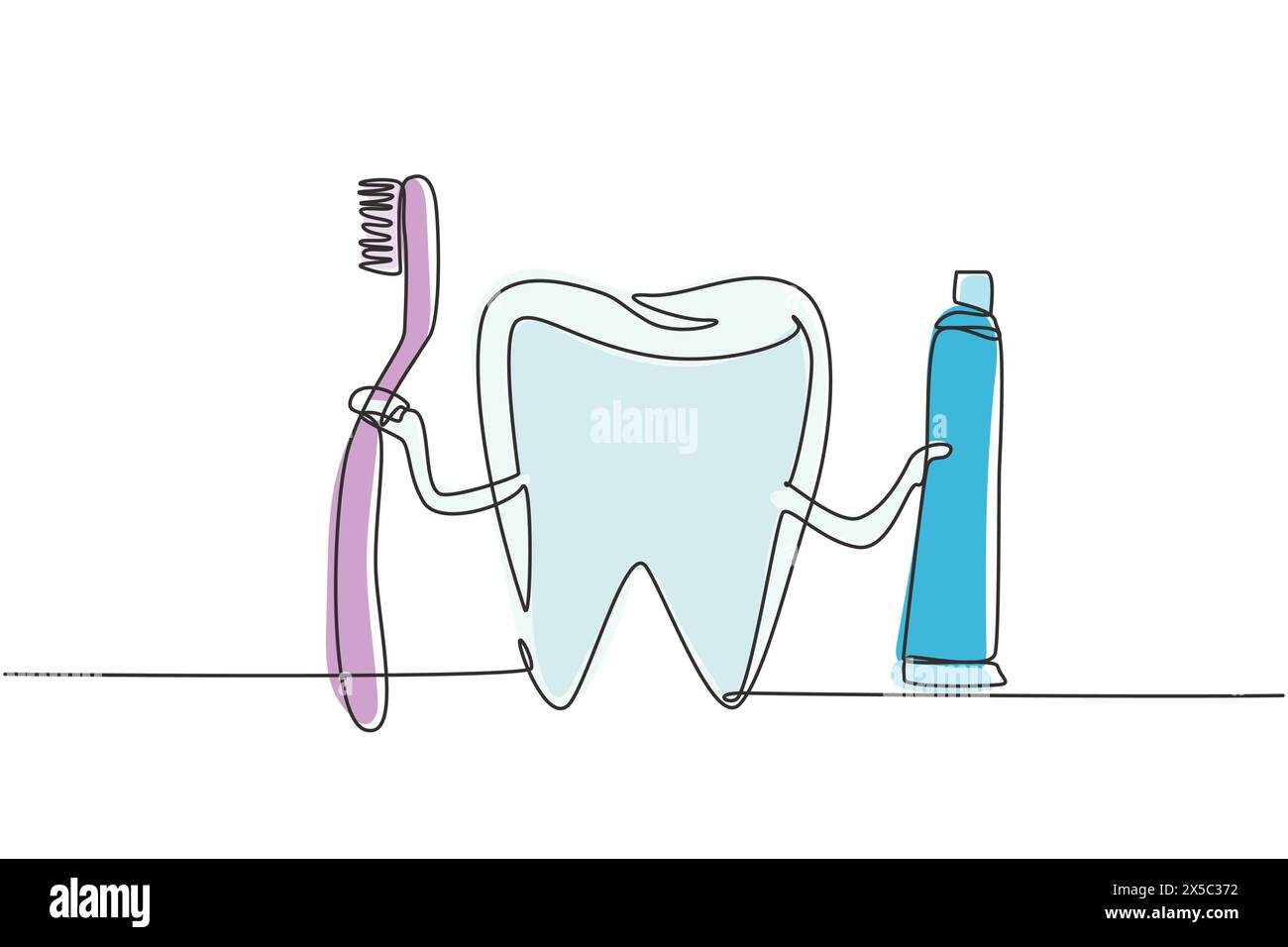 Continuous one line drawing giant tooth holding toothbrush in one hand ...