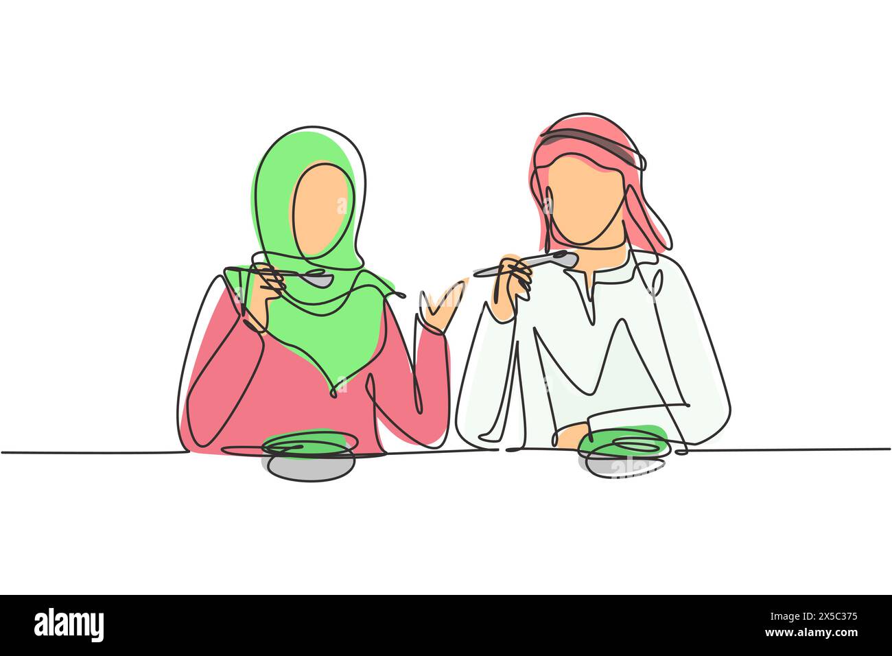 Single Continuous Line Drawing Young Arab Couple Having Salad Meal